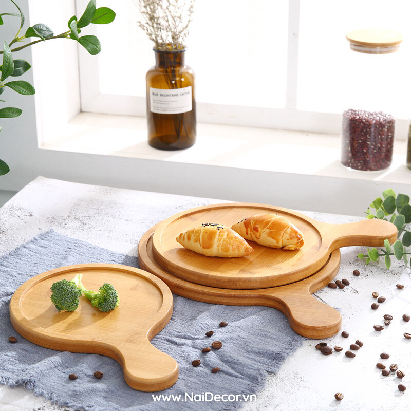 Khay tròn có tay nắm (Gỗ tre) - Khay đựng Pizza - Nai Decor